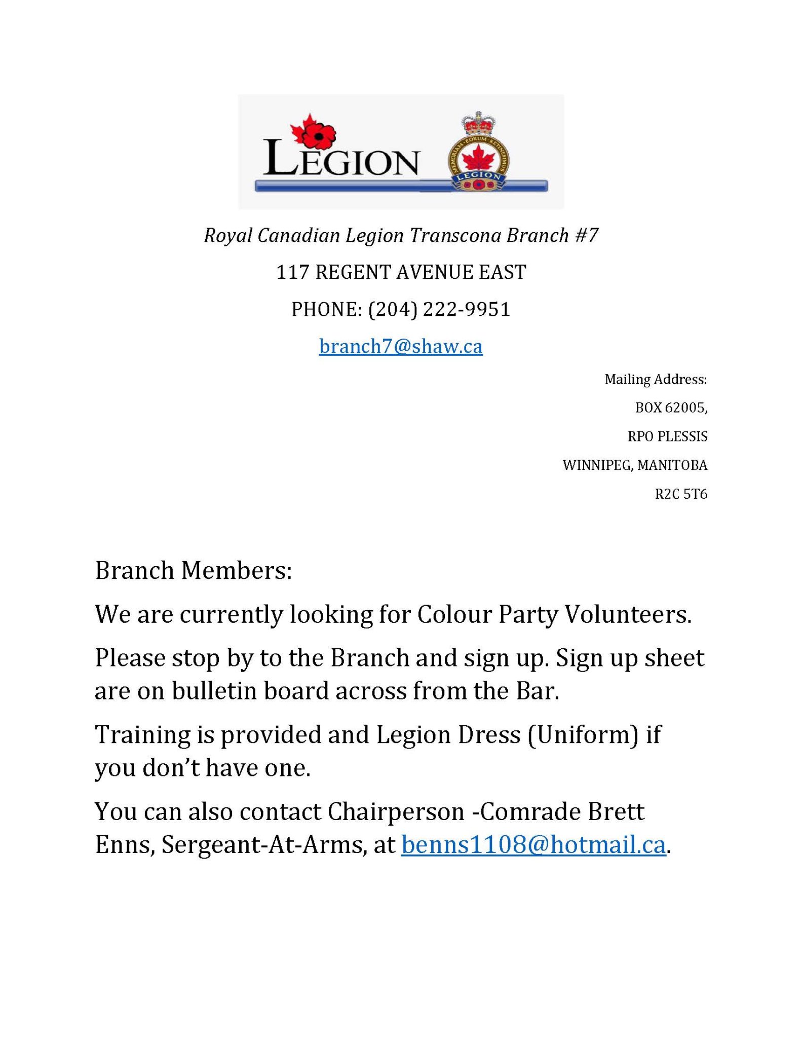 Colour Party Volunteers – Transcona Legion #7
